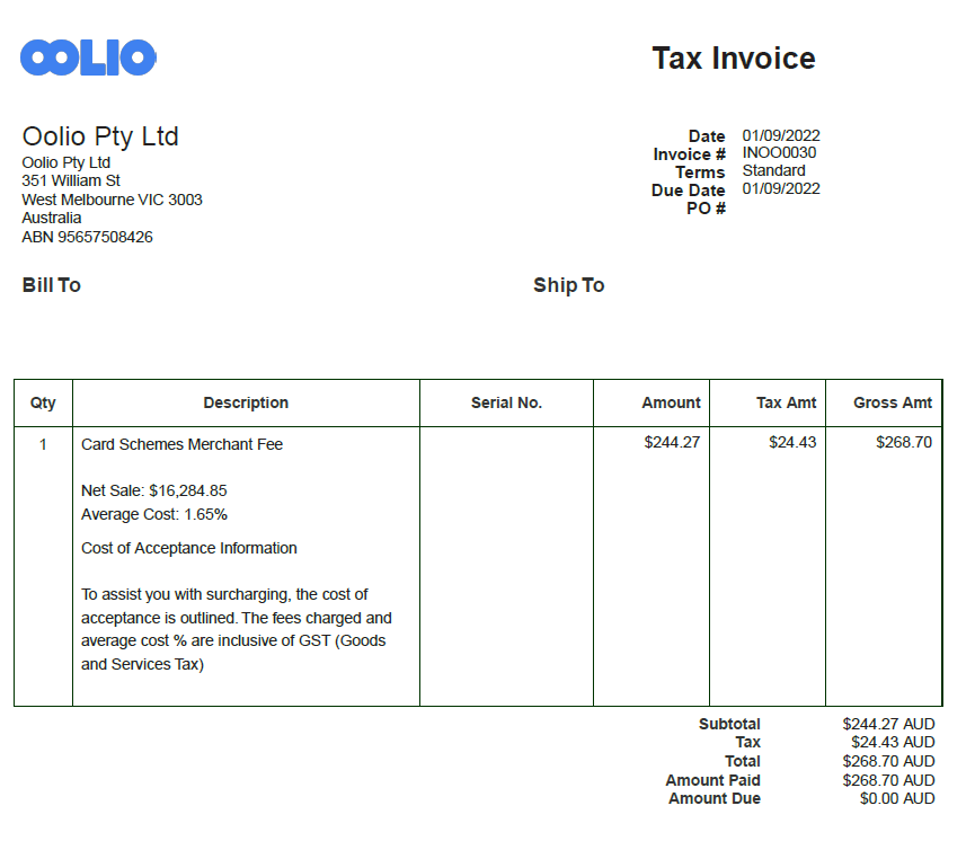 Oolio Monthly Invoice
