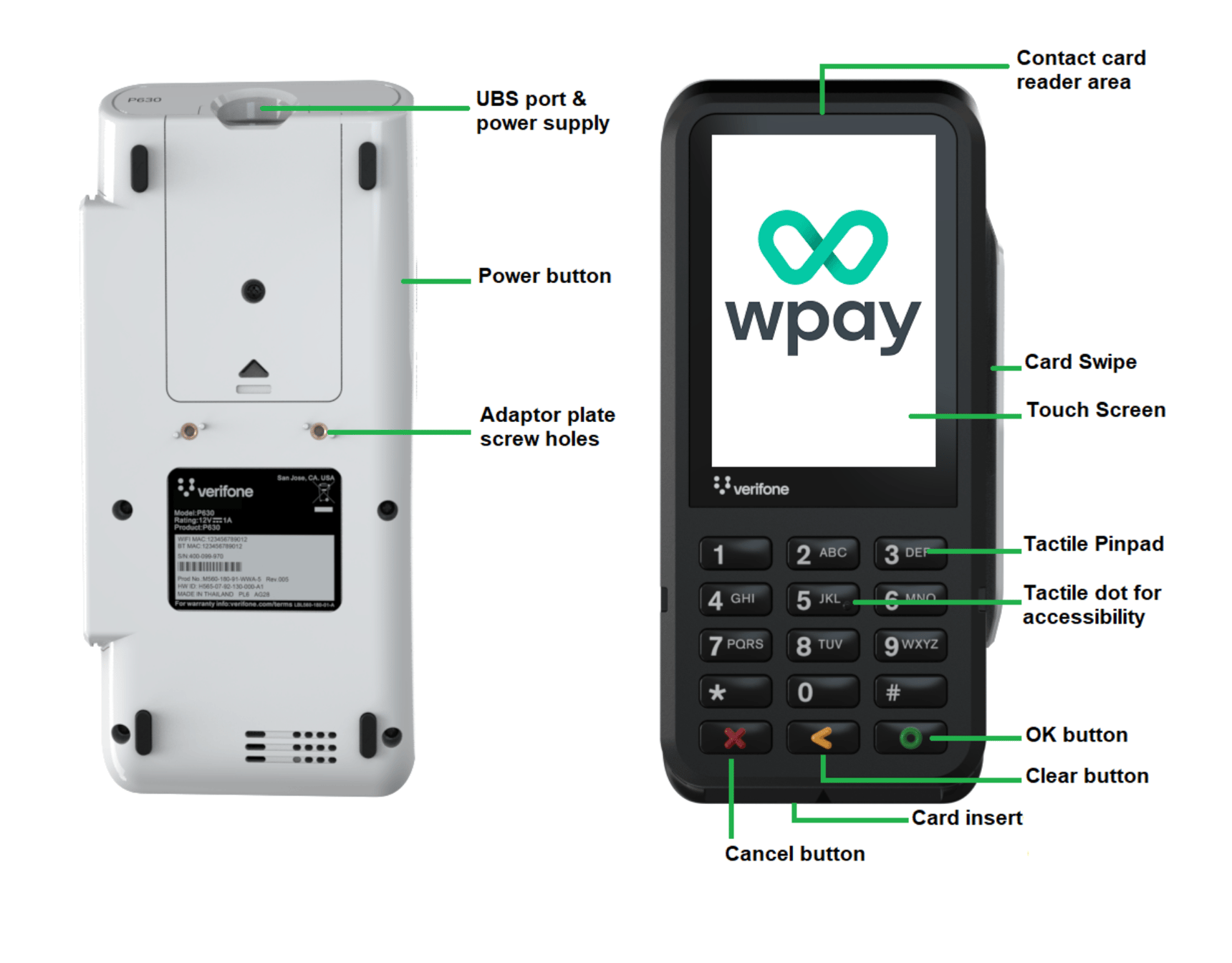 How to set up and power the verifone P630 payment terminal?